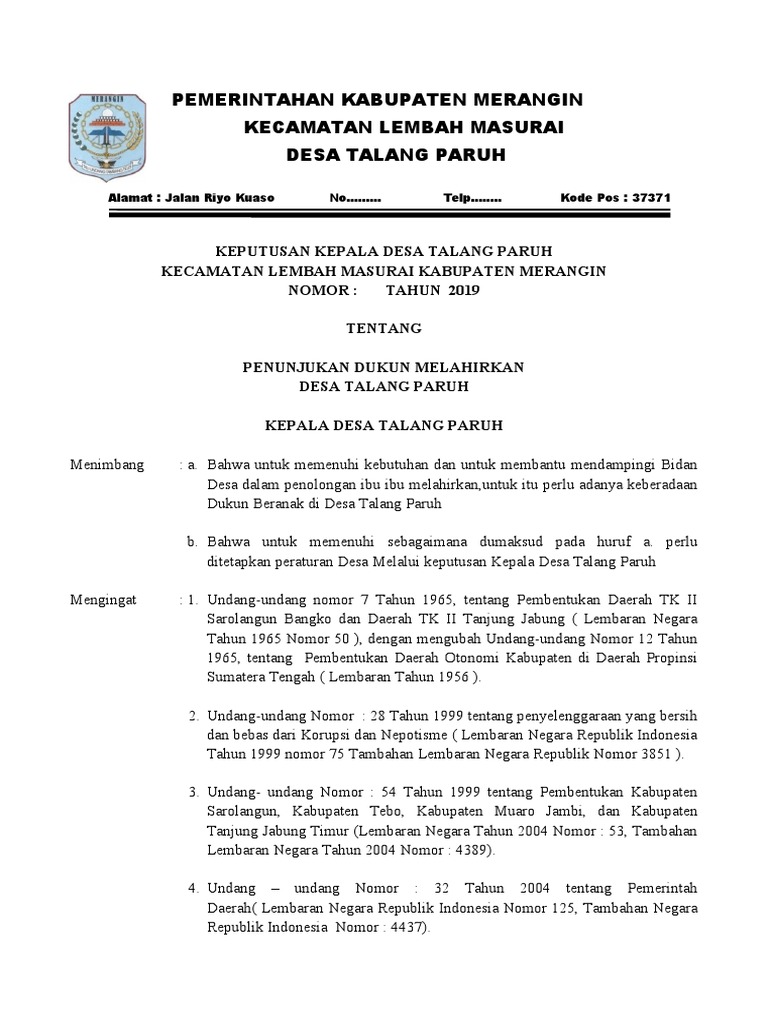 Contoh SK Dukun Beranak Dari Kepala Desa | PDF