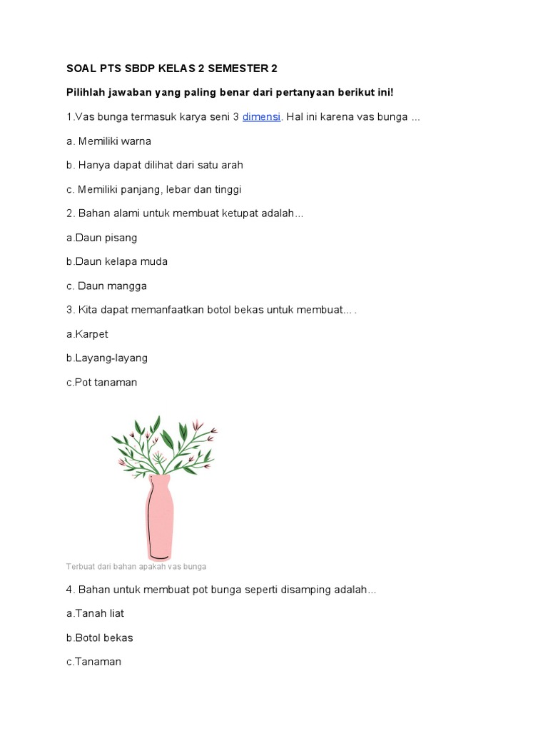 Soal PTS SBDP Kelas 2 Semester 2 | PDF Soal PTS SBDP Kelas 2 Semester 2 | PDF
