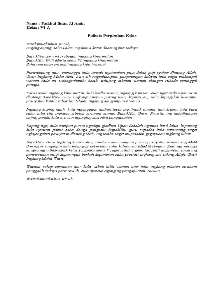 Pidhato Perpisahan Kelas 6 B.Jawa | PDF