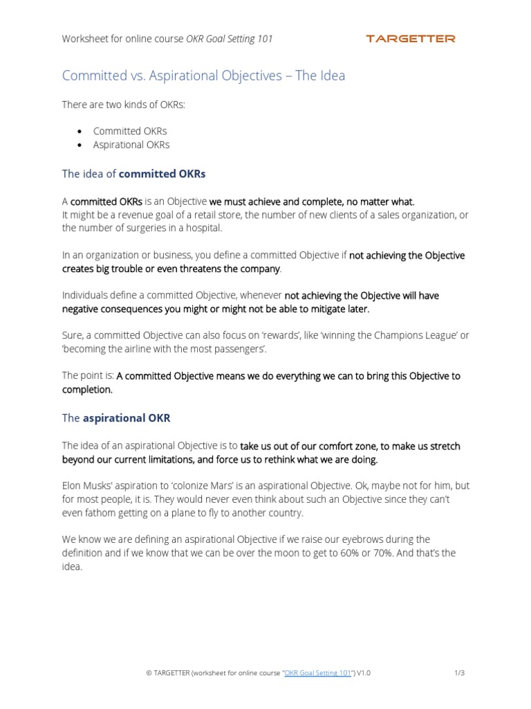 Committed Vs Aspirational OKRs The Idea OKRE V1 0 | PDF | Cognition