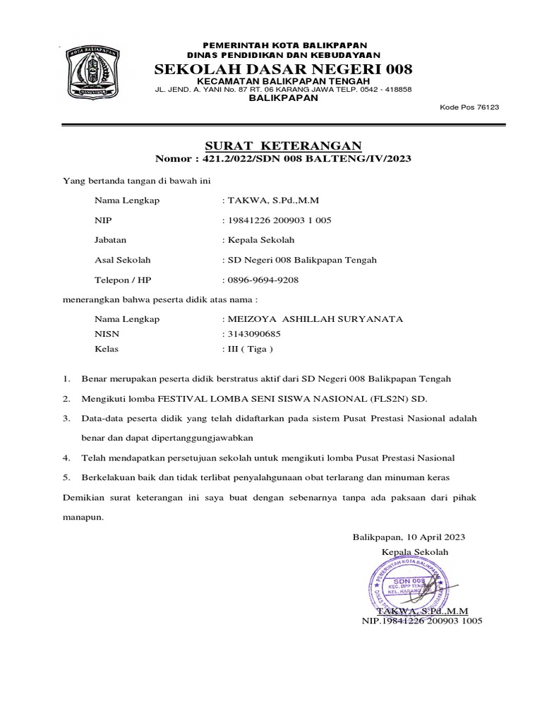 Surat Keterangan FLS2N PDF | PDF
