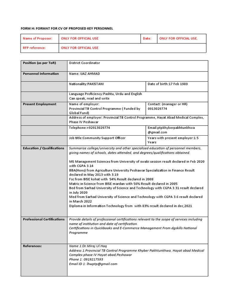 Form H-I Format For CV of Proposed Key Personnel | PDF