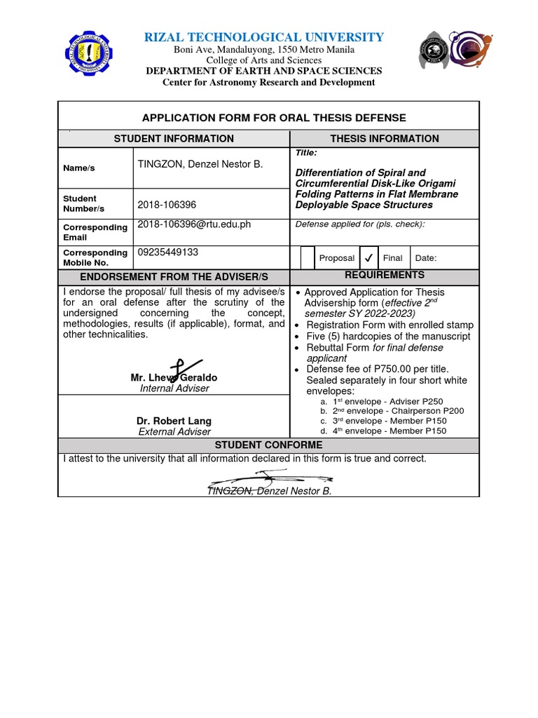 Oral Thesis Defense Application Form | PDF | Thesis | Science