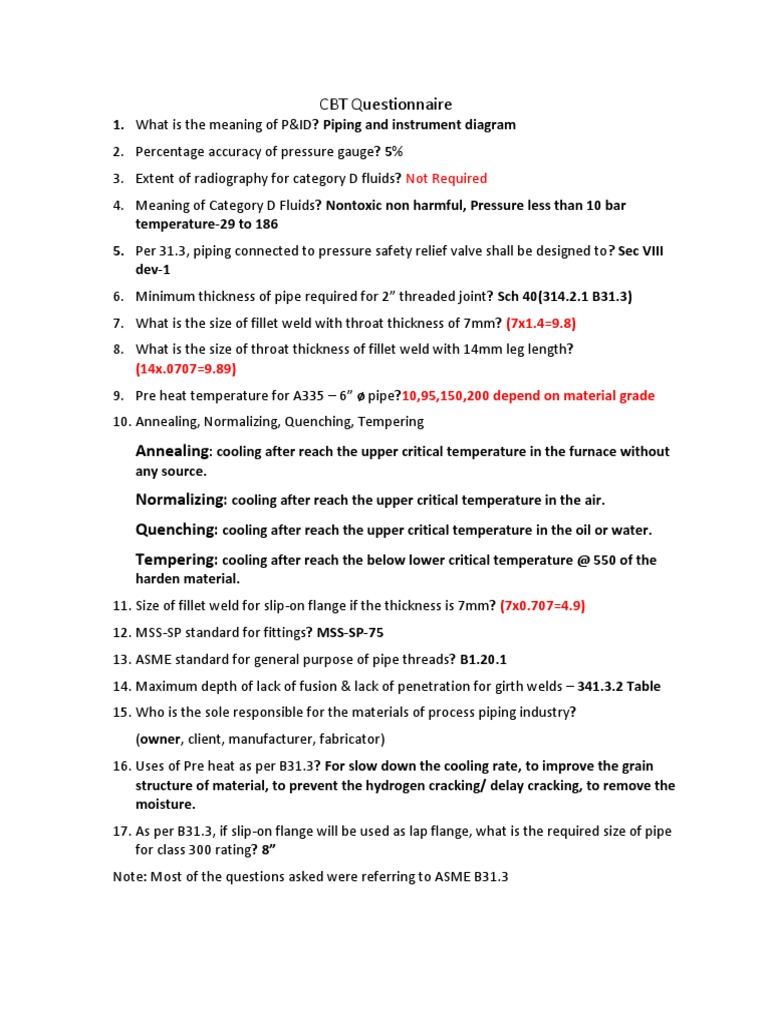 CBT Piping Questionnaire-1 | PDF | Pipe (Fluid Conveyance) | Welding