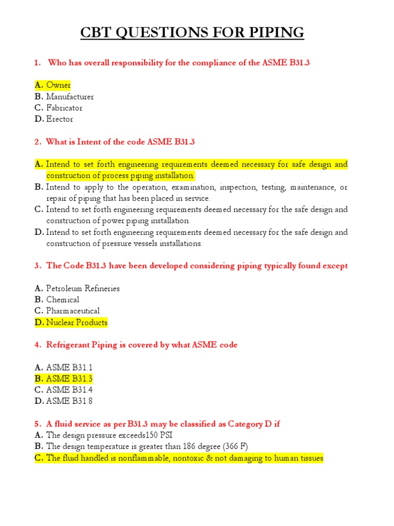 CBT Questions For Piping-1 | PDF | Pipe (Fluid Conveyance) | Welding