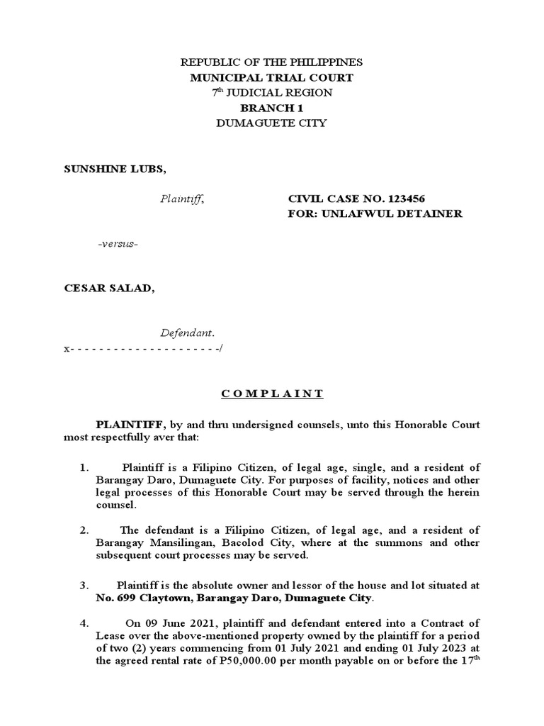 Complaint For Ejectment | PDF | Lawsuit | Common Law