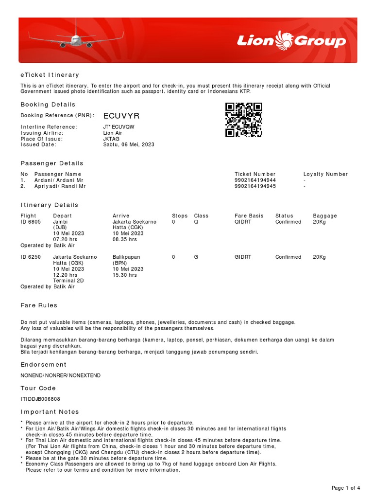 Batik Air Eticket 10 May (Ecuvqw) - Mr. Ardani 2pax | PDF | Transport | Airlines