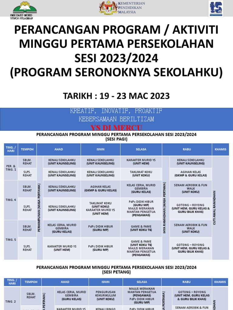 Perancangan Aktiviti Minggu Pertama Persekolahan Sesi 20232024 | PDF Perancangan Aktiviti Minggu Pertama Persekolahan Sesi 20232024 | PDF