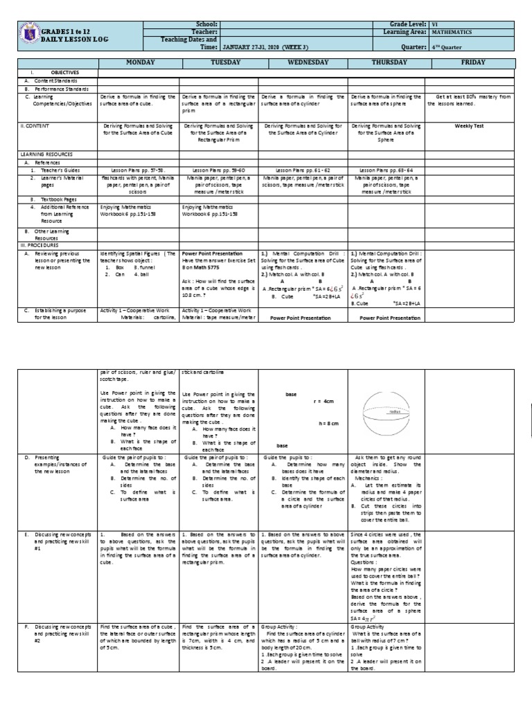Grade 6 DLL Math 6 q4 Week 3 | PDF | Area | Surface Area