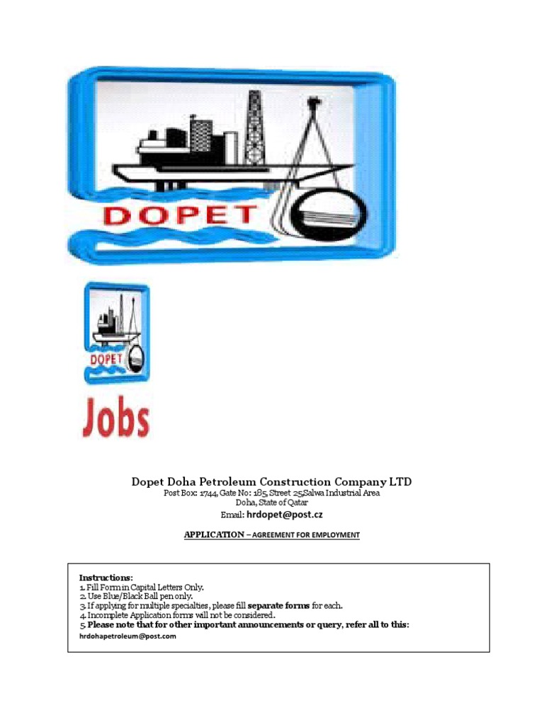 Dopet Doha Petroleum Construction Company Application Form | PDF | Doha