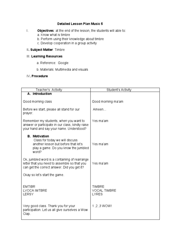 Detailed Lesson Plan Music 5 | PDF | Musical Instruments | Cognition
