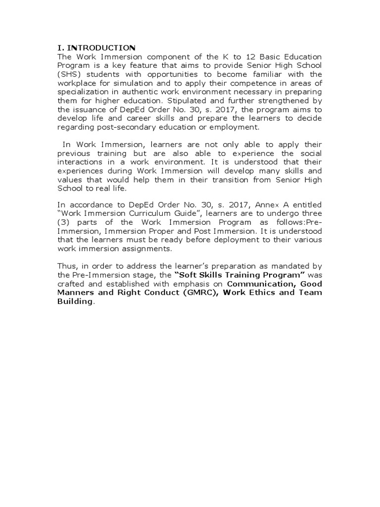 Work Immersion Introduction and Summary | PDF | Cognitive Science | Behavior Modification