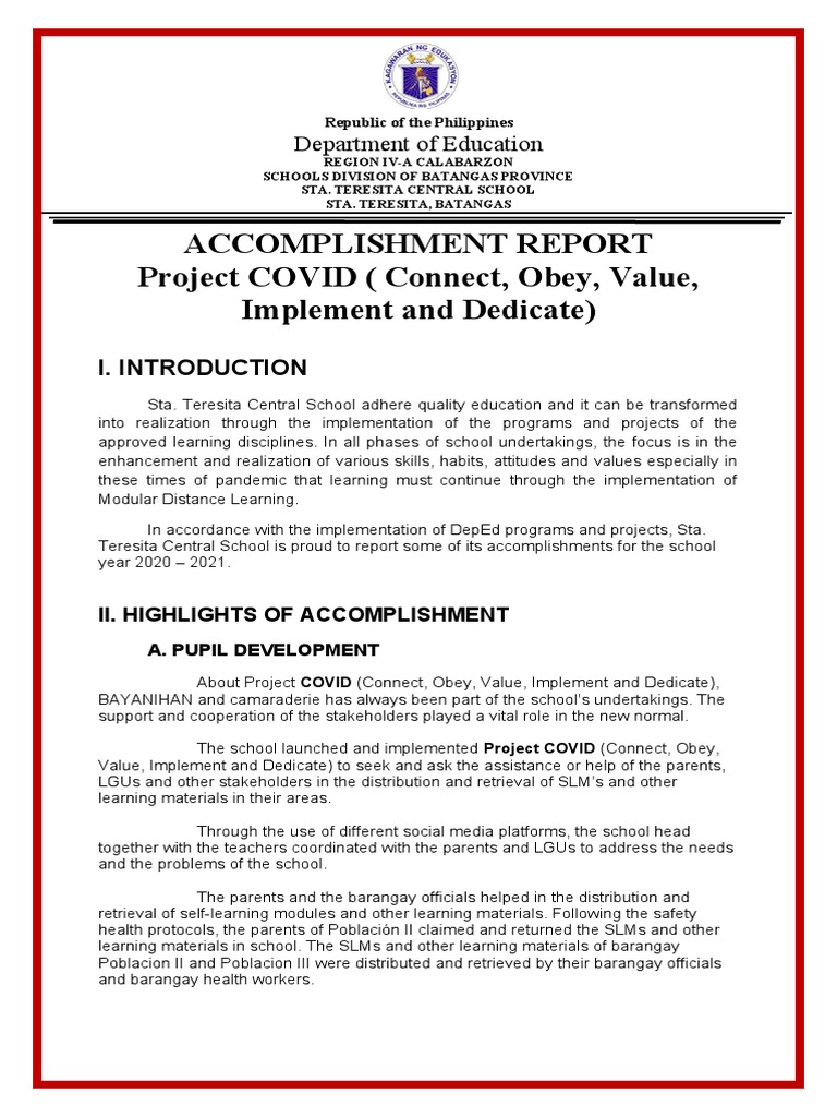 Accomplishment Report On Project COVID | PDF | Learning | Behavior Modification