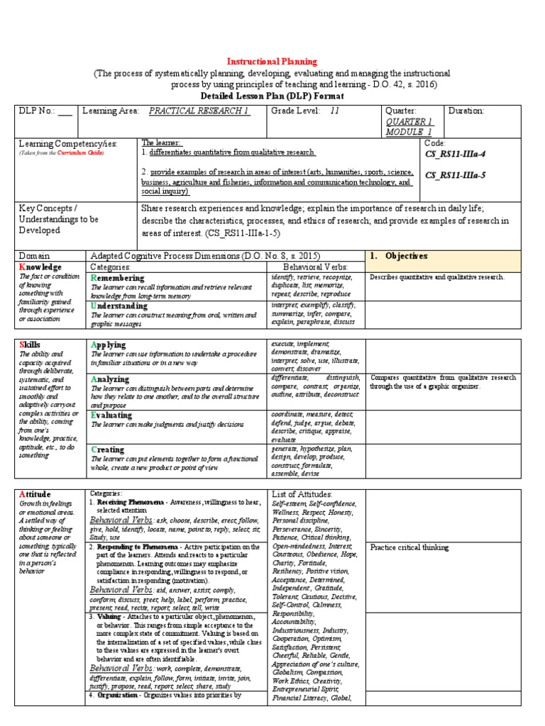 Iplan - DLP - Format - PR1 - Qual Vs Quan | PDF | Learning | Educational Assessment