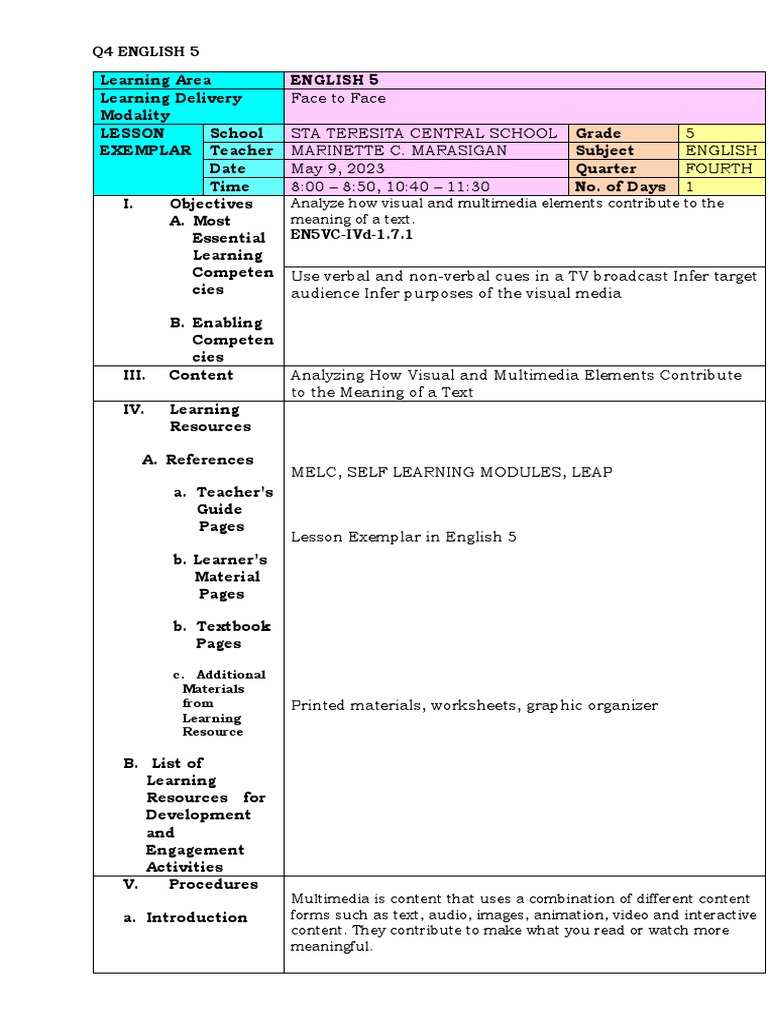 Multimedia Elements in English 5 Lesson | PDF | Multimedia | Learning
