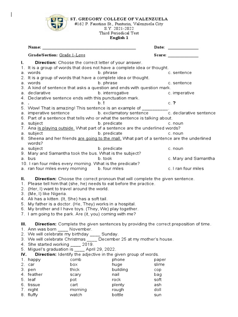 Grade 1 Exam (English) | PDF | Sentence (Linguistics) | Question