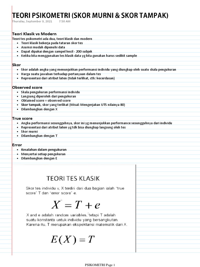 Teori Psikometri (Skor Murni & Skor Tampak) | PDF
