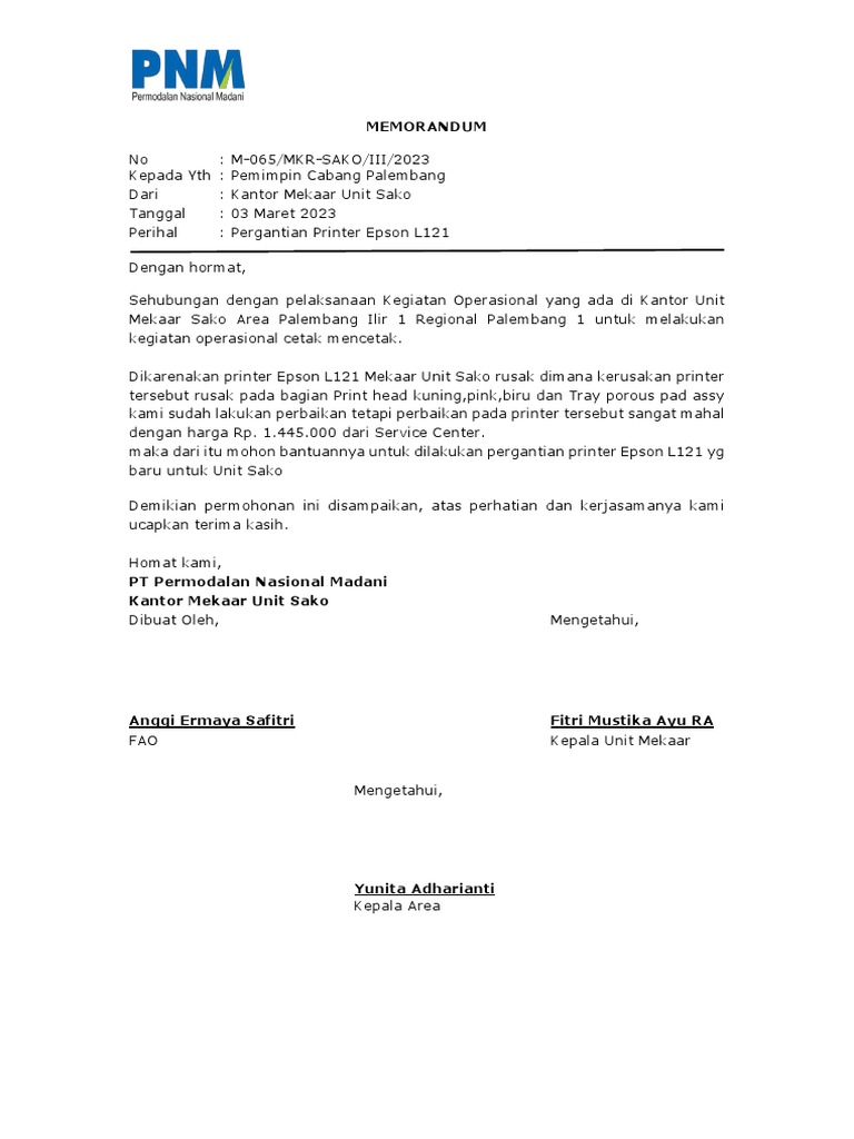 Memo Pergantian Printer Unit Sako | PDF