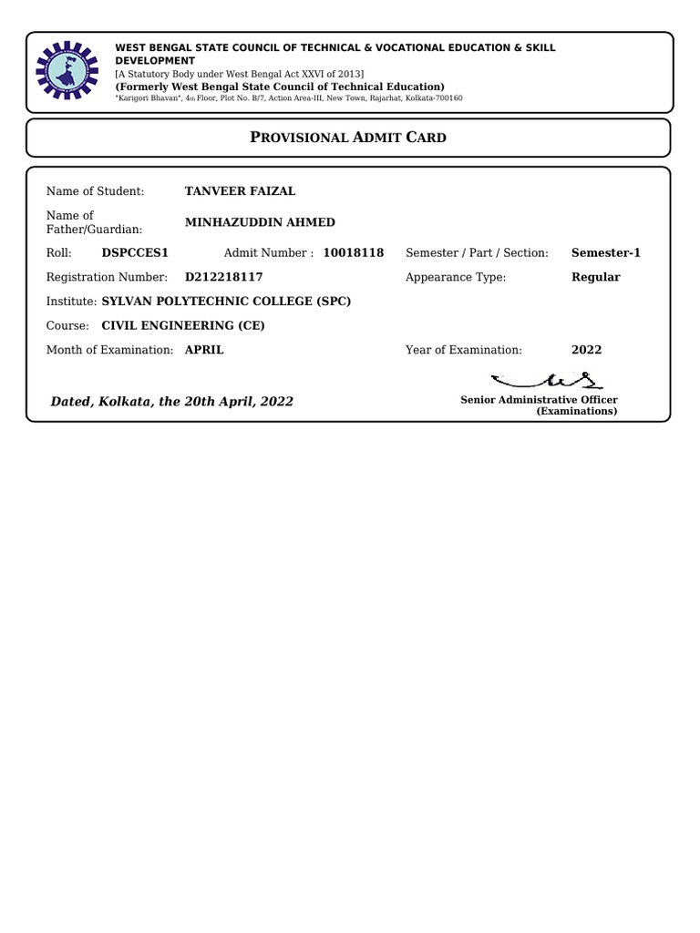 Provisional Admit Card for Civil Engineering | PDF