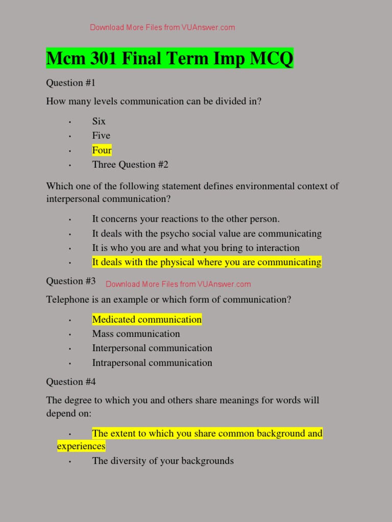 Mcm301 Final Term Imp MCQ | PDF | Communication | Nonverbal Communication