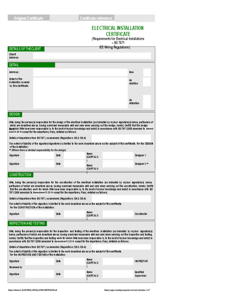 Electrical Installation Certificate | PDF | Electrical Wiring ...