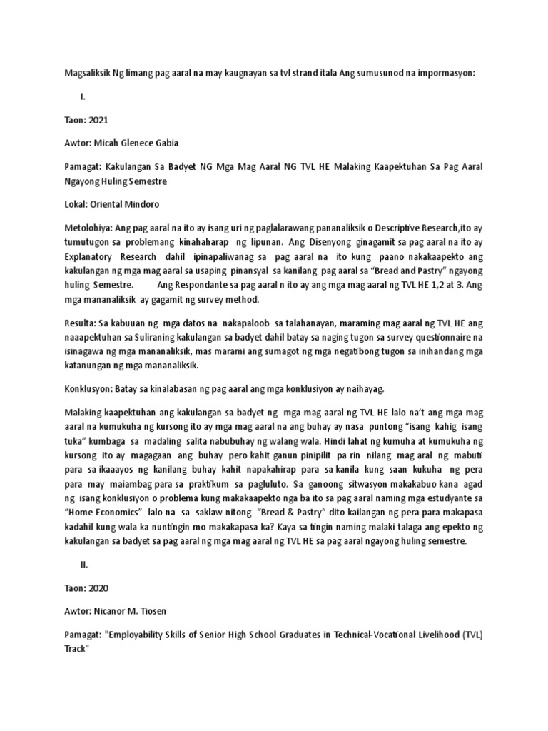 Magsaliksik NG Limang Pag Aaral Na May Kaugnayan Sa TVL Strand Itala ...