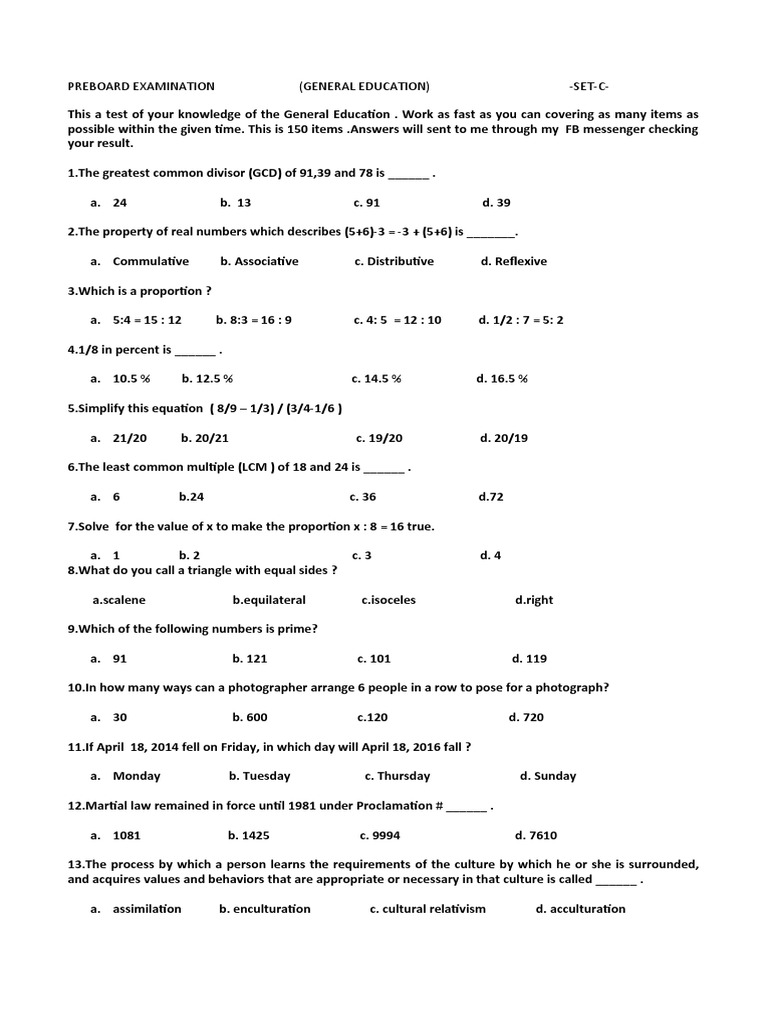 Preboard Examination Gen - Ed. Set C 1 | PDF | Chemical Reactions ...