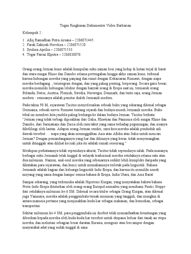 Tugas Kebudayaan Jerman Ringkasan Dokumenter Video Barbarian Kelompok 2 | PDF