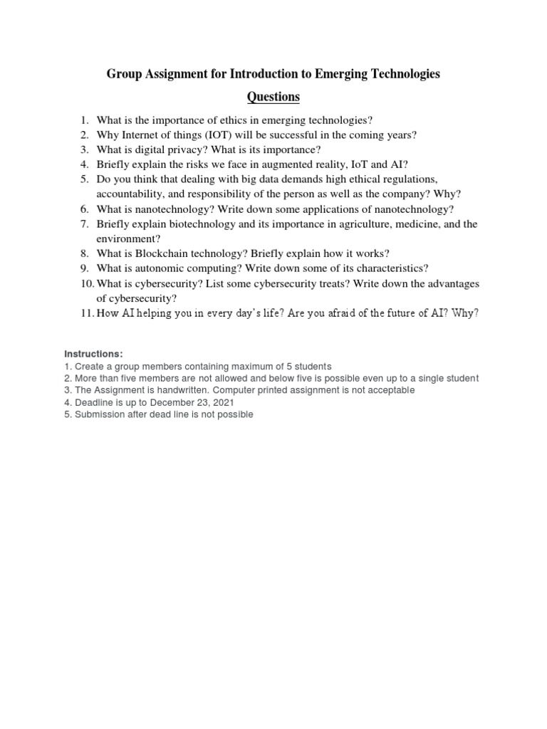 Group Assignment For Introduction To Emerging Technologies Questions | PDF