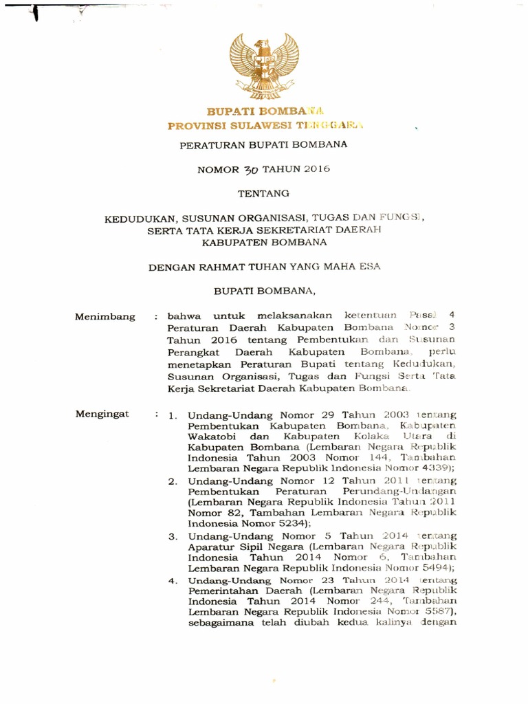 Perbup No 30 Tahun 2016 Setda | PDF