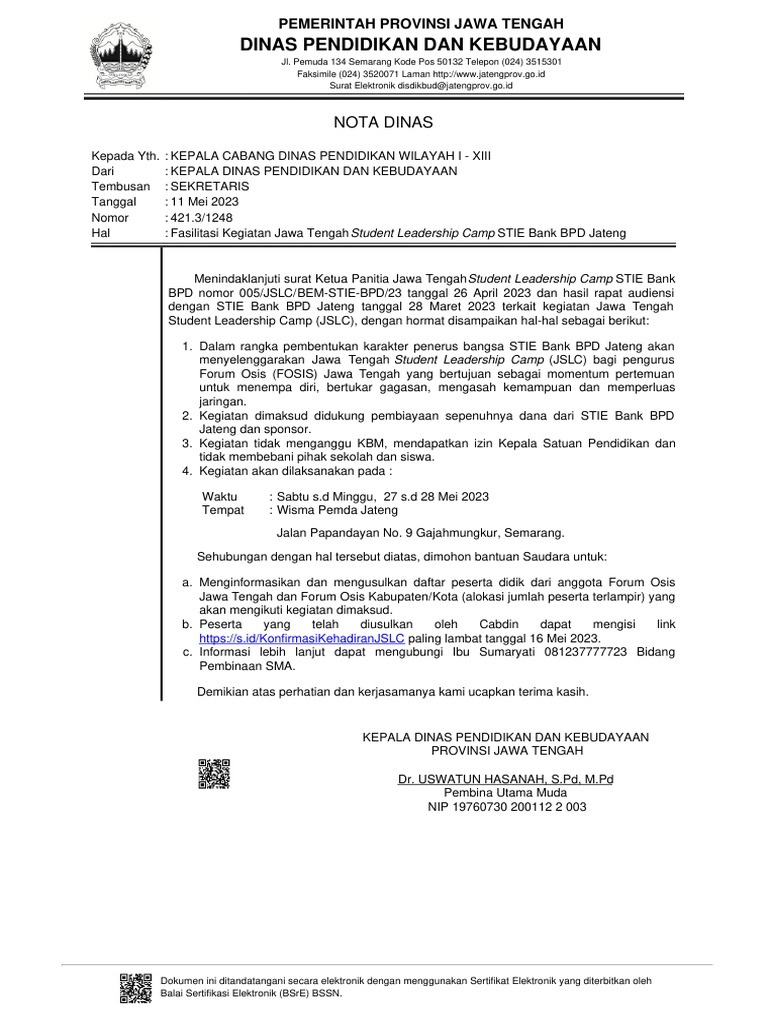 NODIN Kegiatan Jawa Tengah Student Leadership | PDF