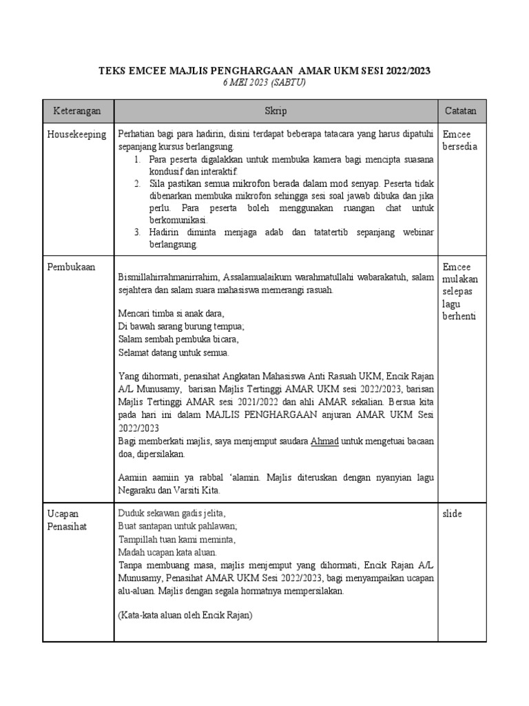 Teks Emcee Majlis Penghargaan AMAR PDF | PDF