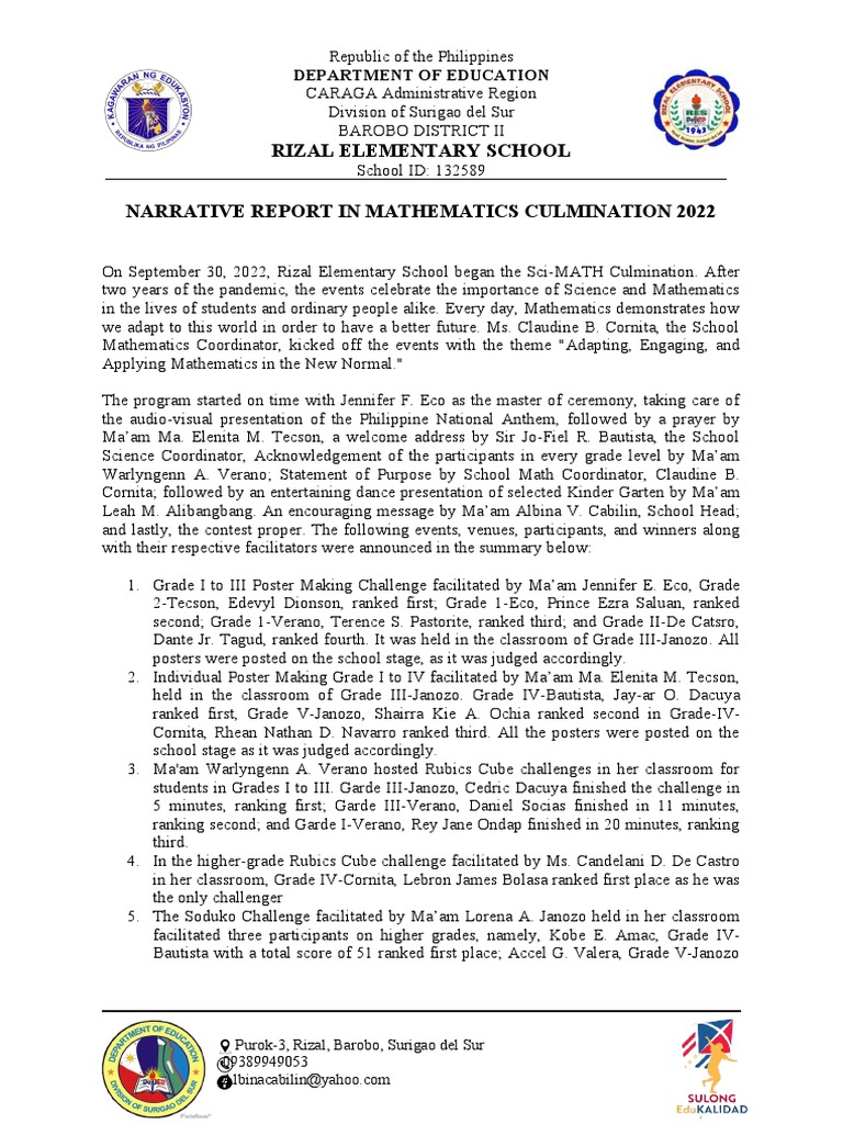 Narrative Reports in Math Culmination 2022 | PDF