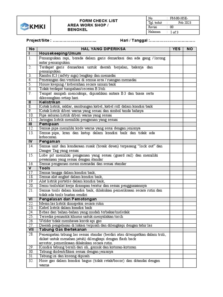 Checklist Inspeksi K3 Bengkel | PDF