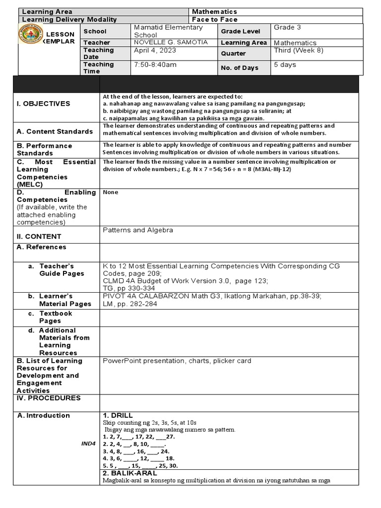 Math 3-Lesson-Exemplar-Q3-W8 - COT - Samotia | PDF