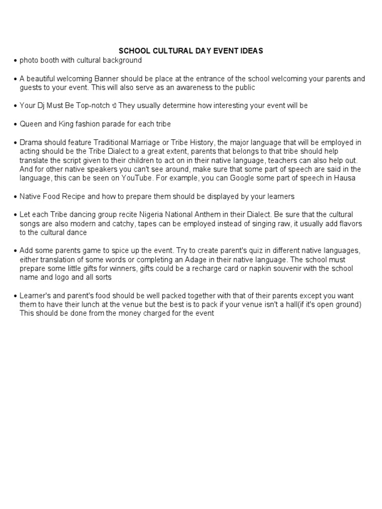 School Cultural Day Event Ideas | PDF | Cooking, Food & Wine