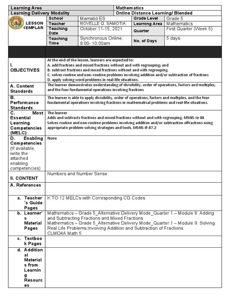 Math 5-Lesson-Exemplar-Q1-W5 | PDF | Learning | Mathematics