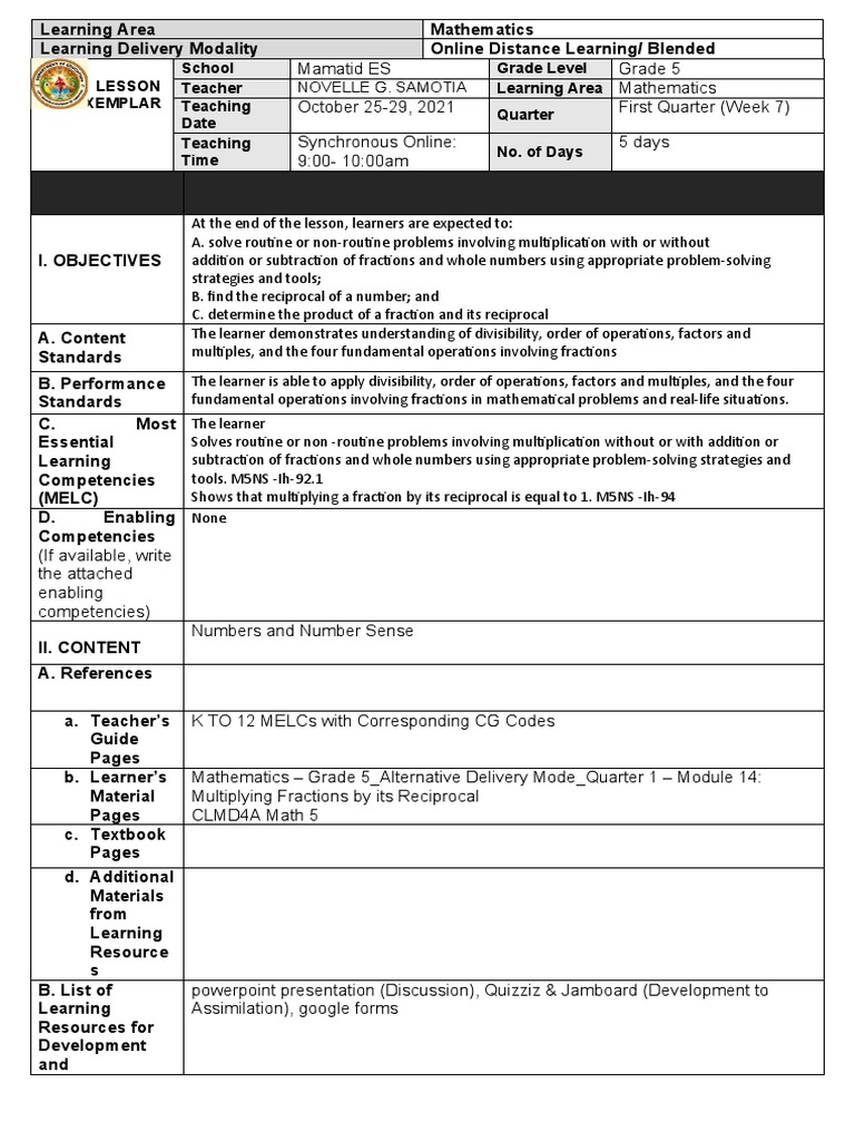 Math 5-Lesson-Exemplar-Q1-W7 | PDF | Learning | Multiplication