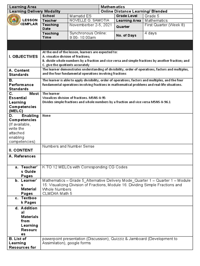 Math 5-Lesson-Exemplar-Q1-W8 | PDF | Learning | Mathematics