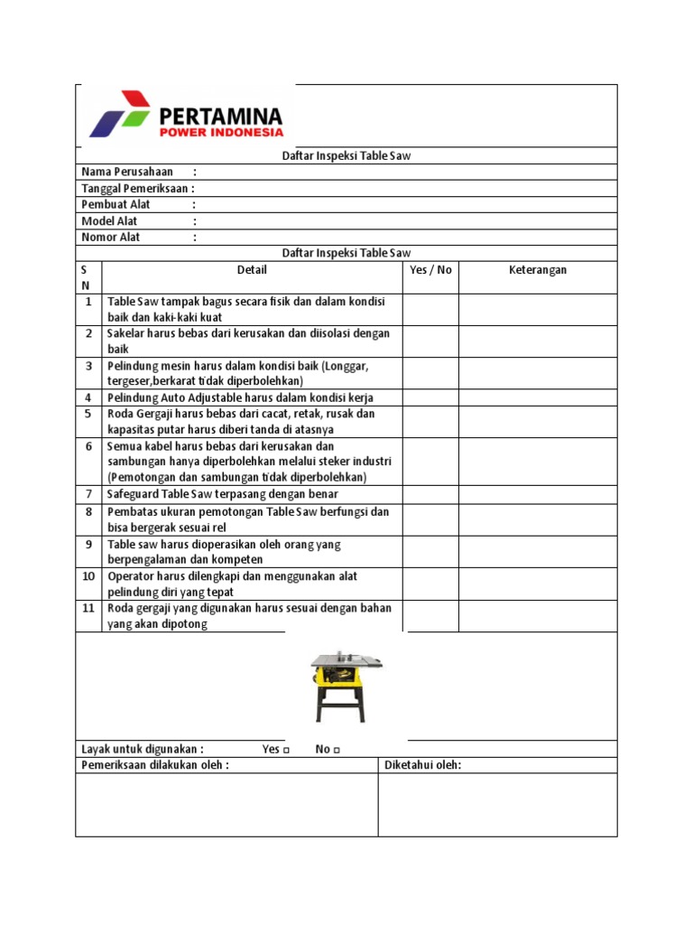 Inspeksi Table Saw dan Checklist | PDF