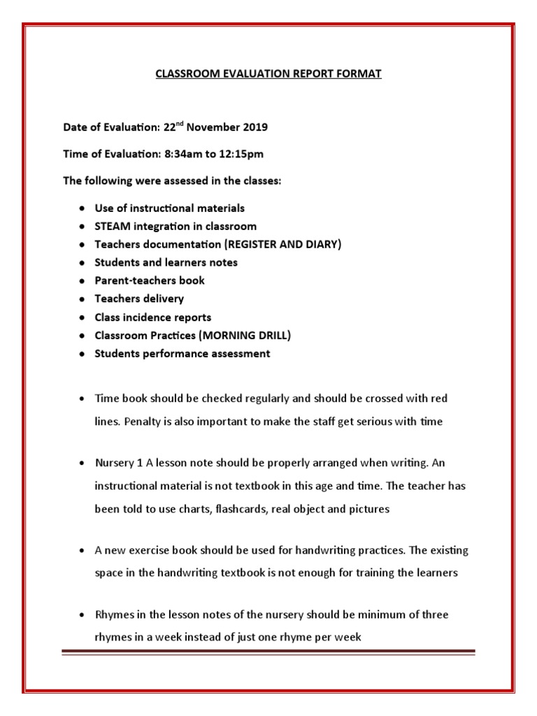 Classroom Evaluation Report Format | PDF | Teachers | Classroom