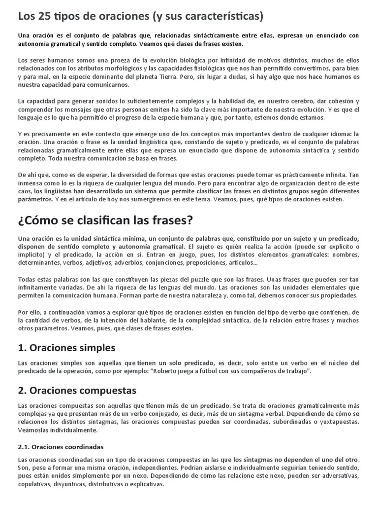 Los 25 Tipos de Oraciones | PDF | Oración (Lingüística) | Verbo