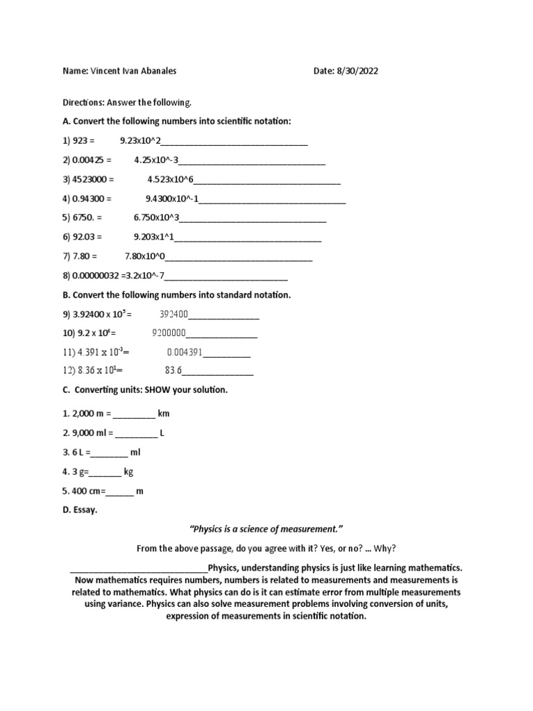 Activity 1 - PHYSICS (Scientific Notation and UNITS of Measurement) | PDF