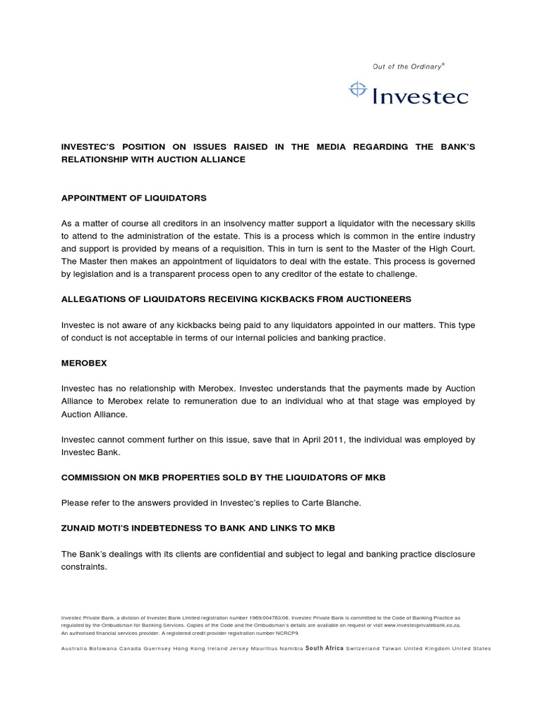 Investec's Response to Media Allegations | PDF | Auction | Banks