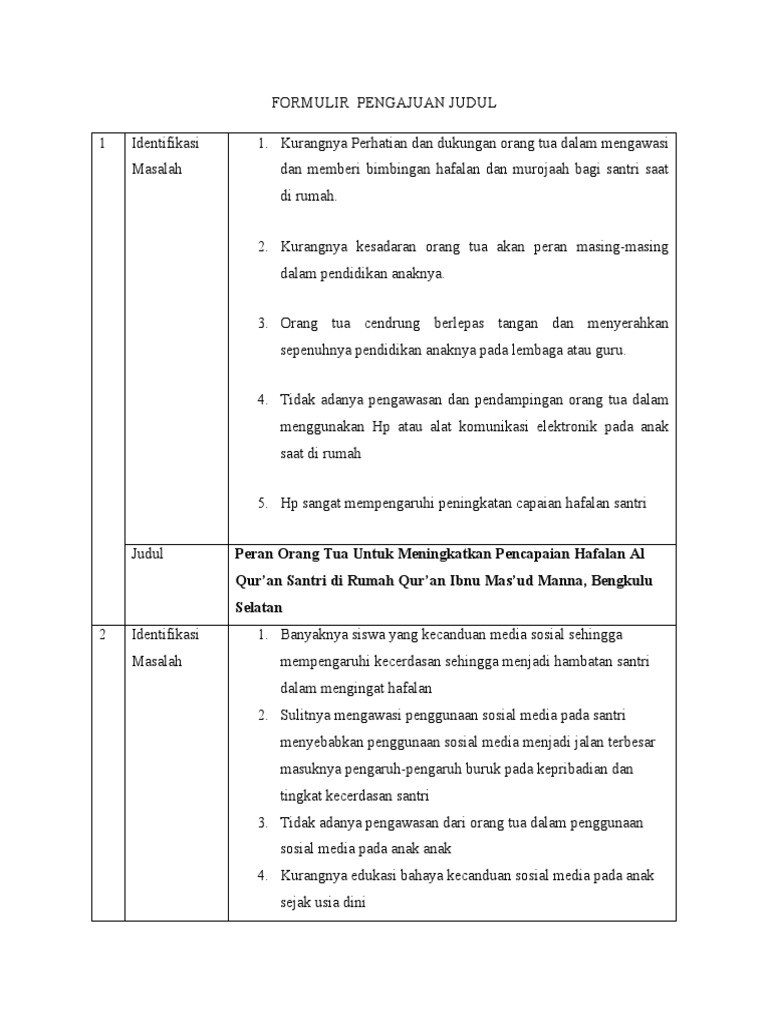 Formulir Pengajuan Judul Proposal Mini | PDF | Kesehatan Holistik