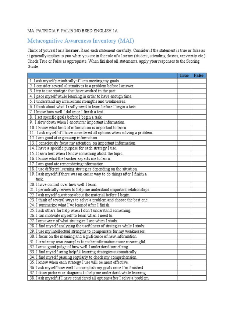 Metacognitive Awareness Inventory (MAI) : True False | Download Free ...