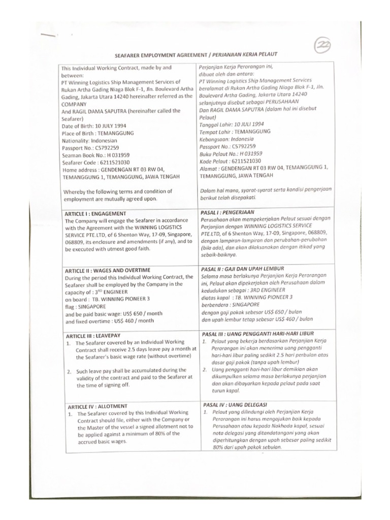 Seafarer Employment Agreement Perjanjian Kerja Pelaut | PDF