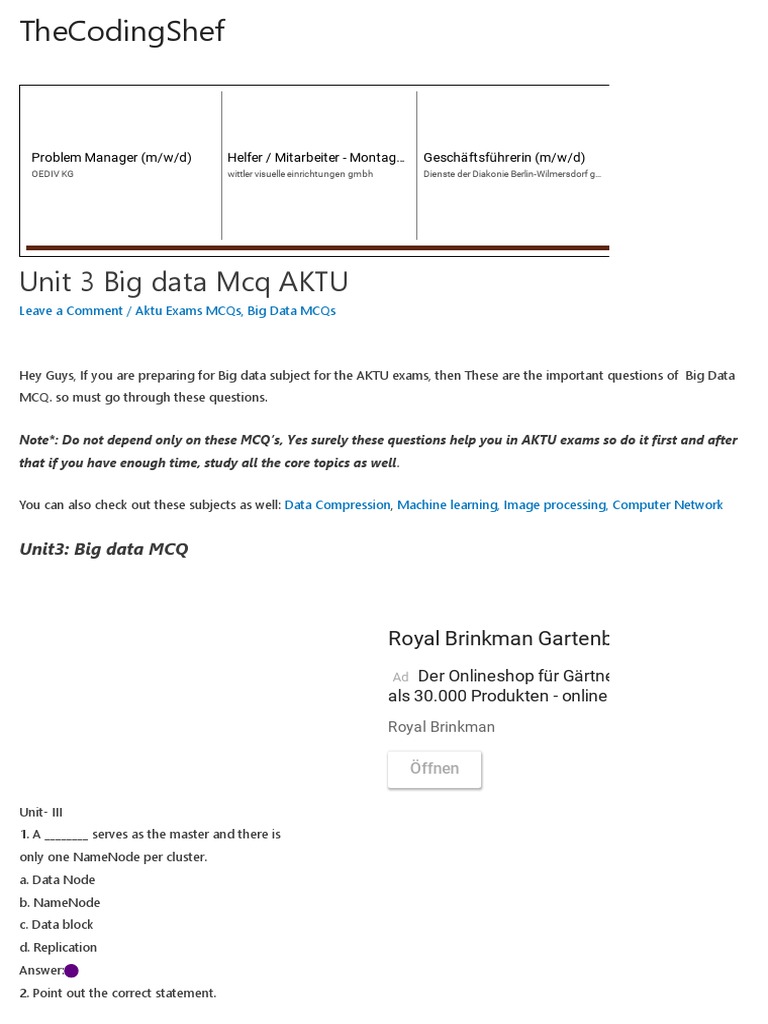 Unit 3 Big Data MCQ AKTU: Royal Brinkman Gartenbaubedarf | Download Free PDF | Apache Hadoop ...