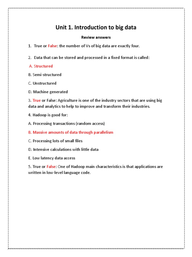 Unit 1. Introduction To Big Data: False | PDF | Apache Hadoop | No Sql