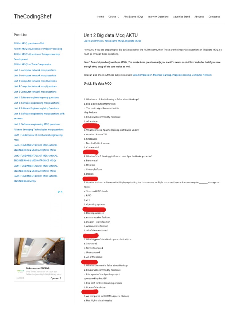Thecodingshef: Unit 2 Big Data MCQ Aktu | PDF | Apache Hadoop | Map Reduce